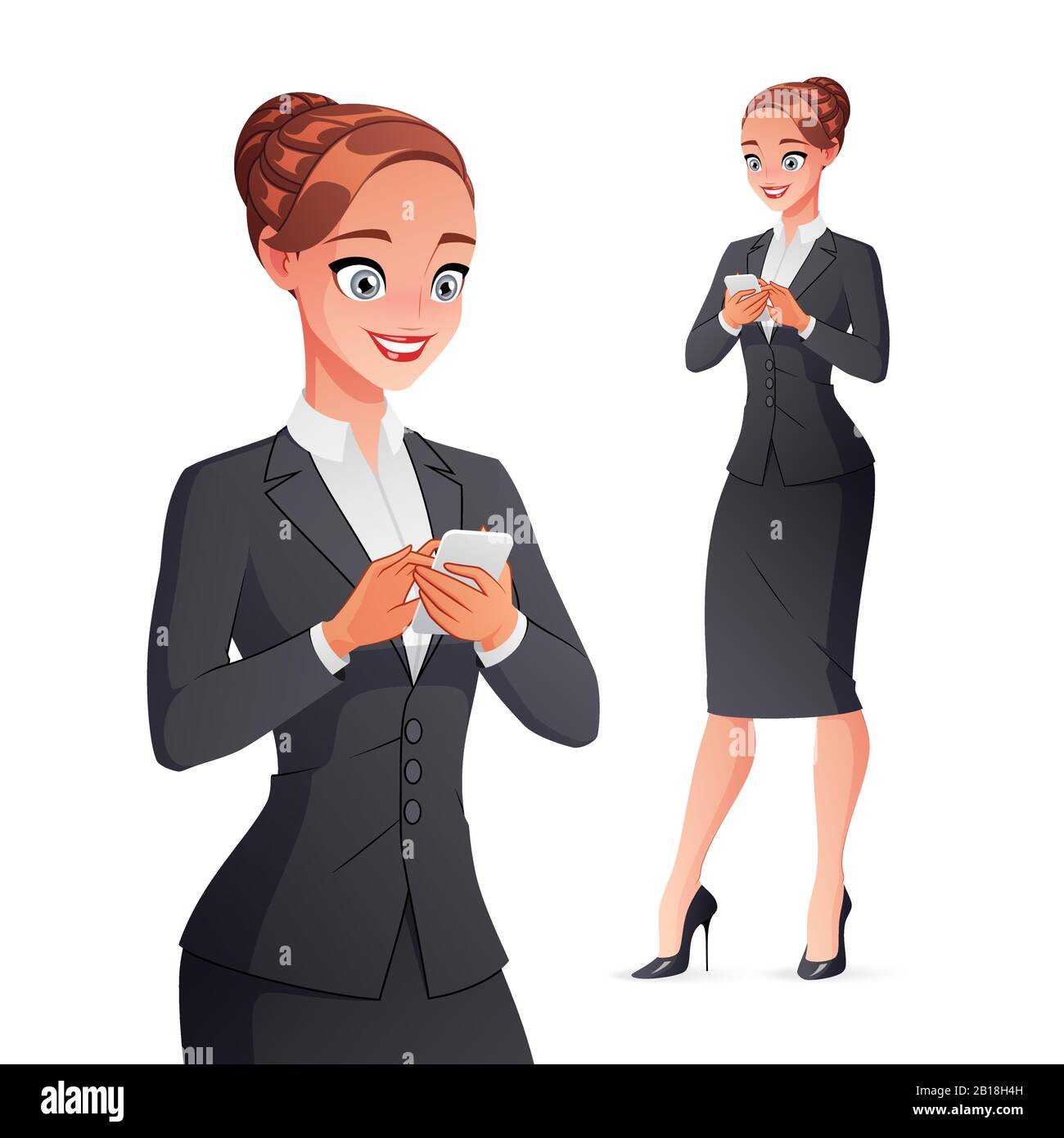 Pretty smiling businesswoman texting on smartphone. Isolated vector ...