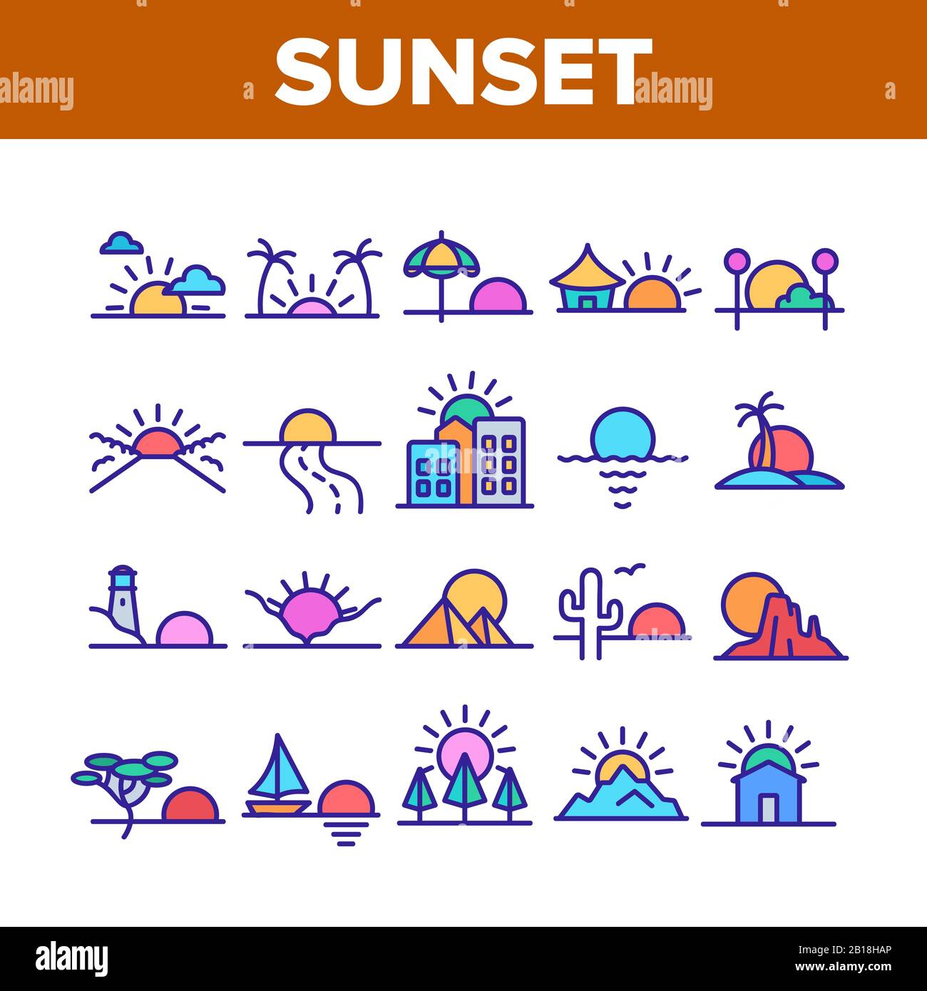 Sunset Or Sunrise Collection Icons Set Vector Stock Vector Image & Art ...