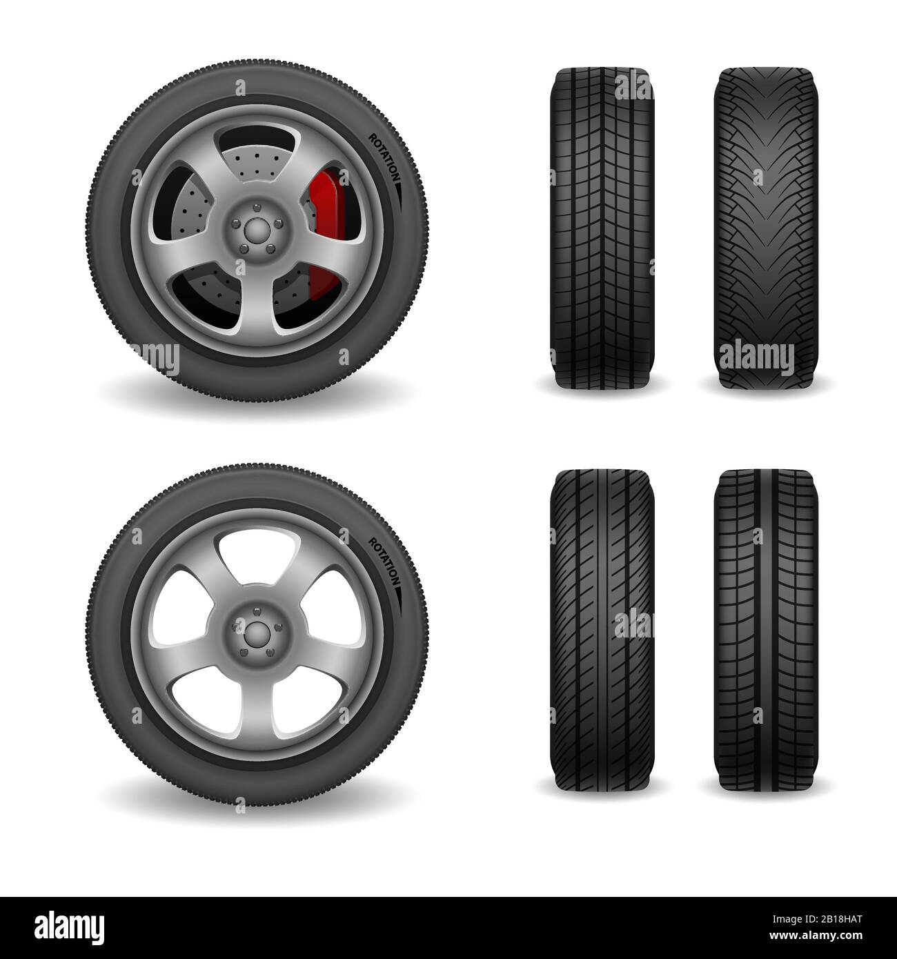 Realistic vector wheel and tires set. Car tires with different tread marks. Vector wheel with ...