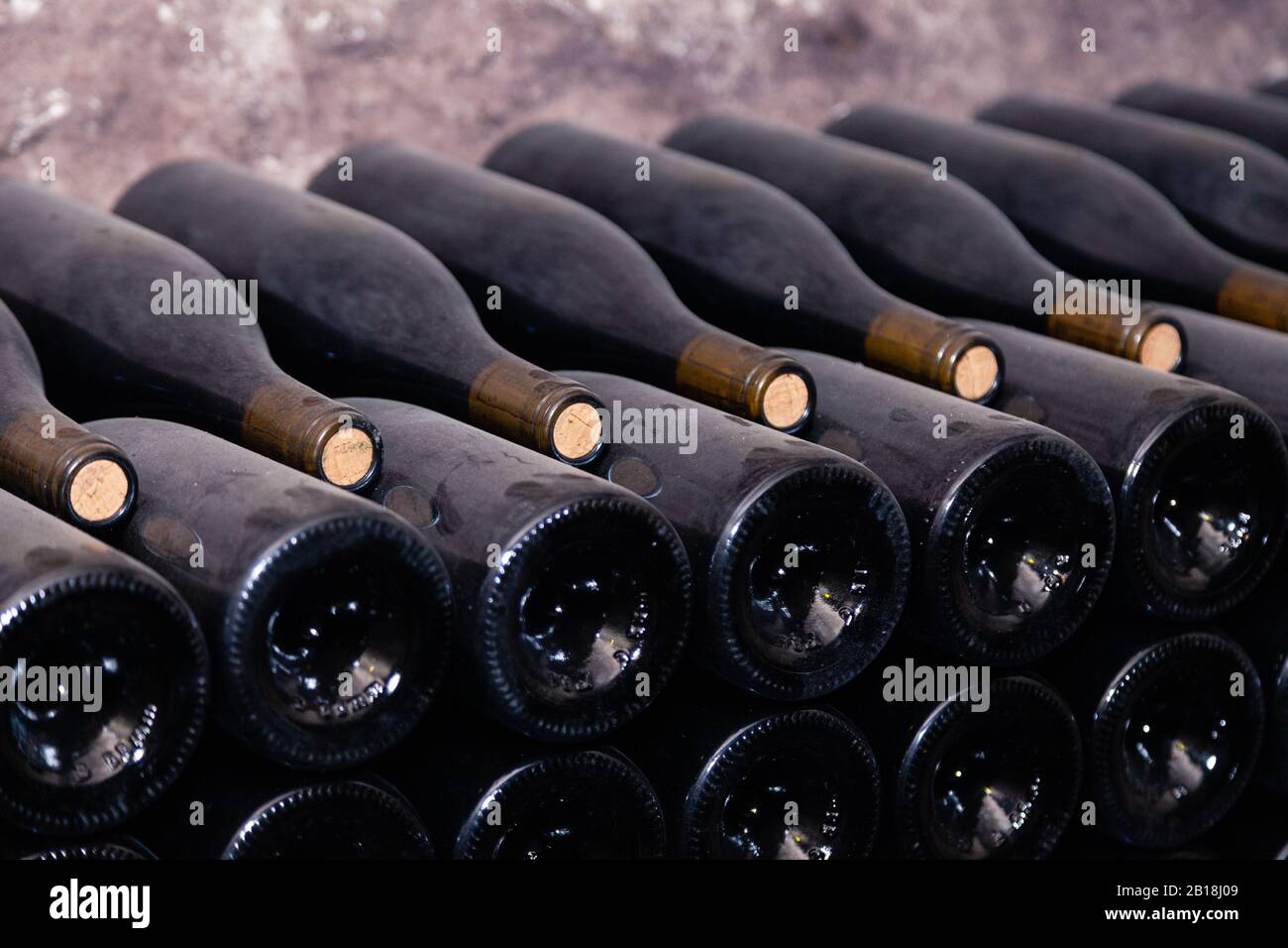 Ancient dark dusty wine bottles aging in underground cellar in rows ...