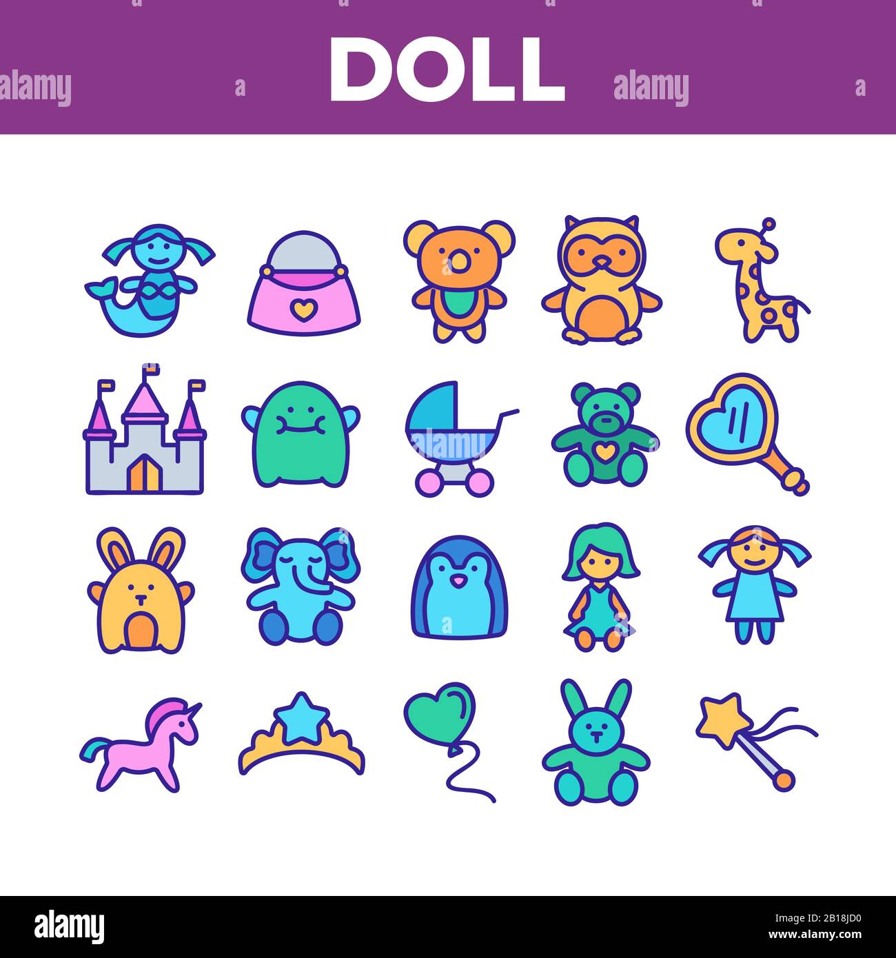 Doll Children Toys Collection Icons Set Vector Stock Vector Image & Art ...