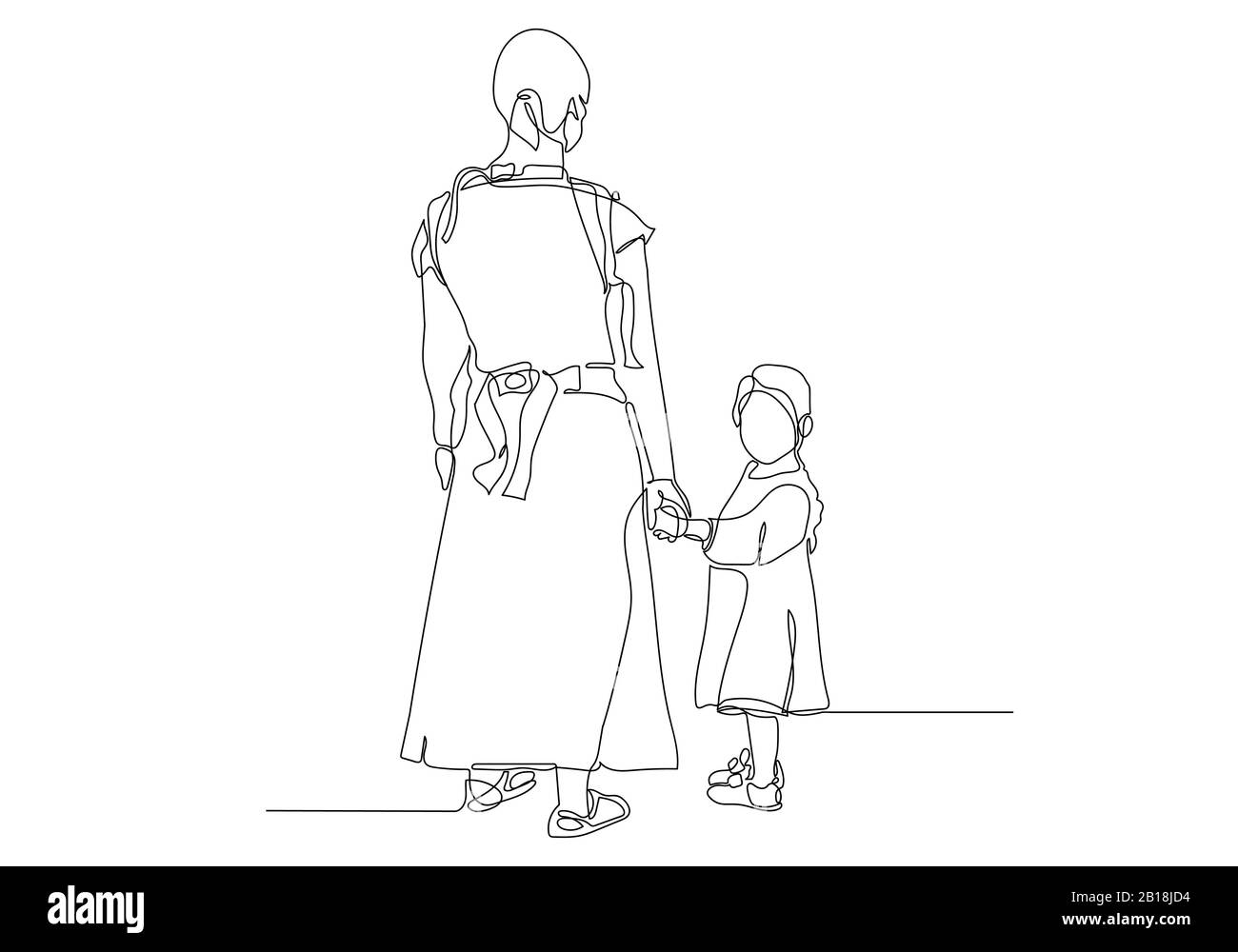 Black line drawing of mother and his daughter walking , Line art ...