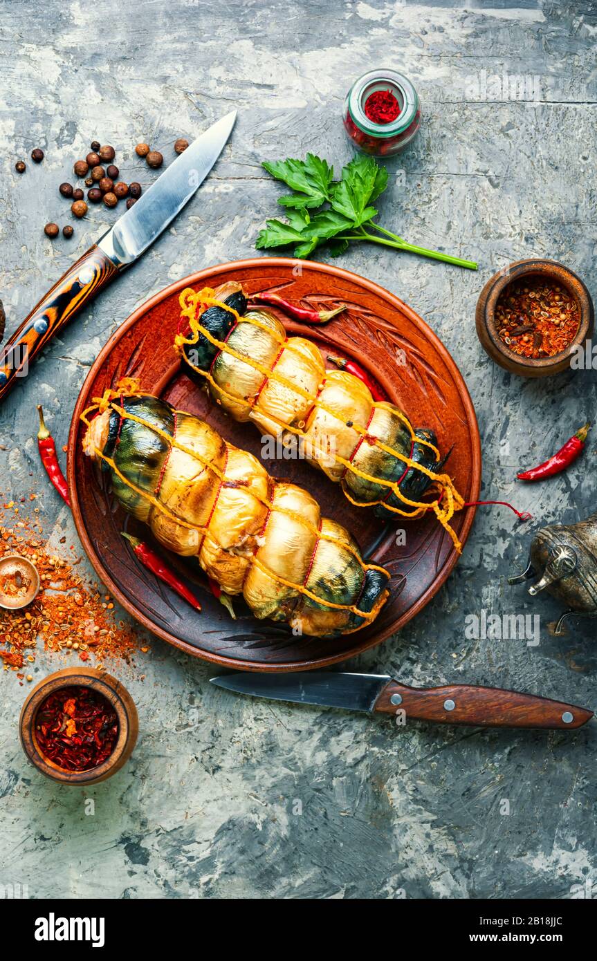 Fish roll up made from smoked mackerel.Hot smoked fish Stock Photo - Alamy