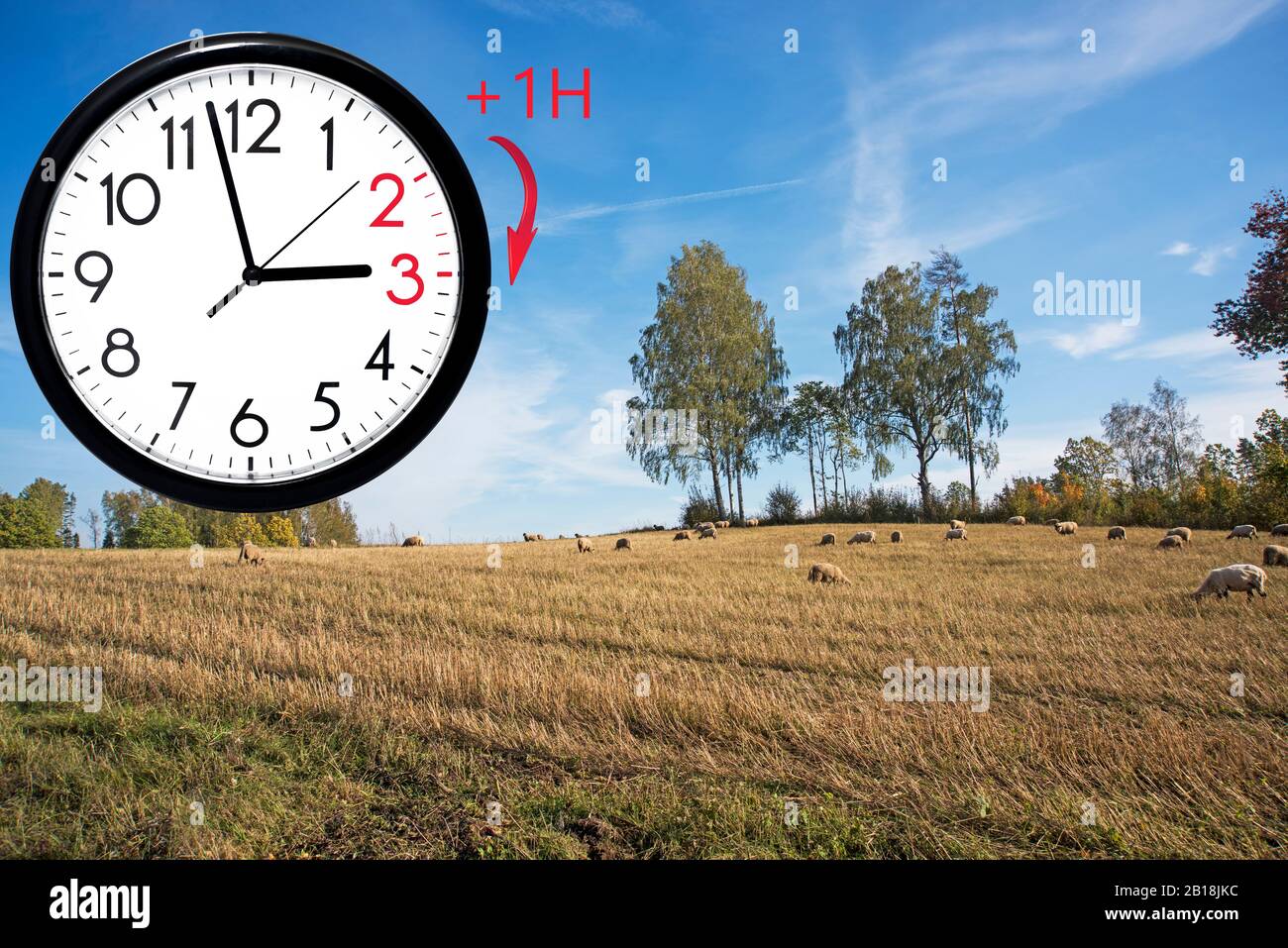 Daylight Saving Time (DST). Blue sky with white clouds and clock. Turn ...