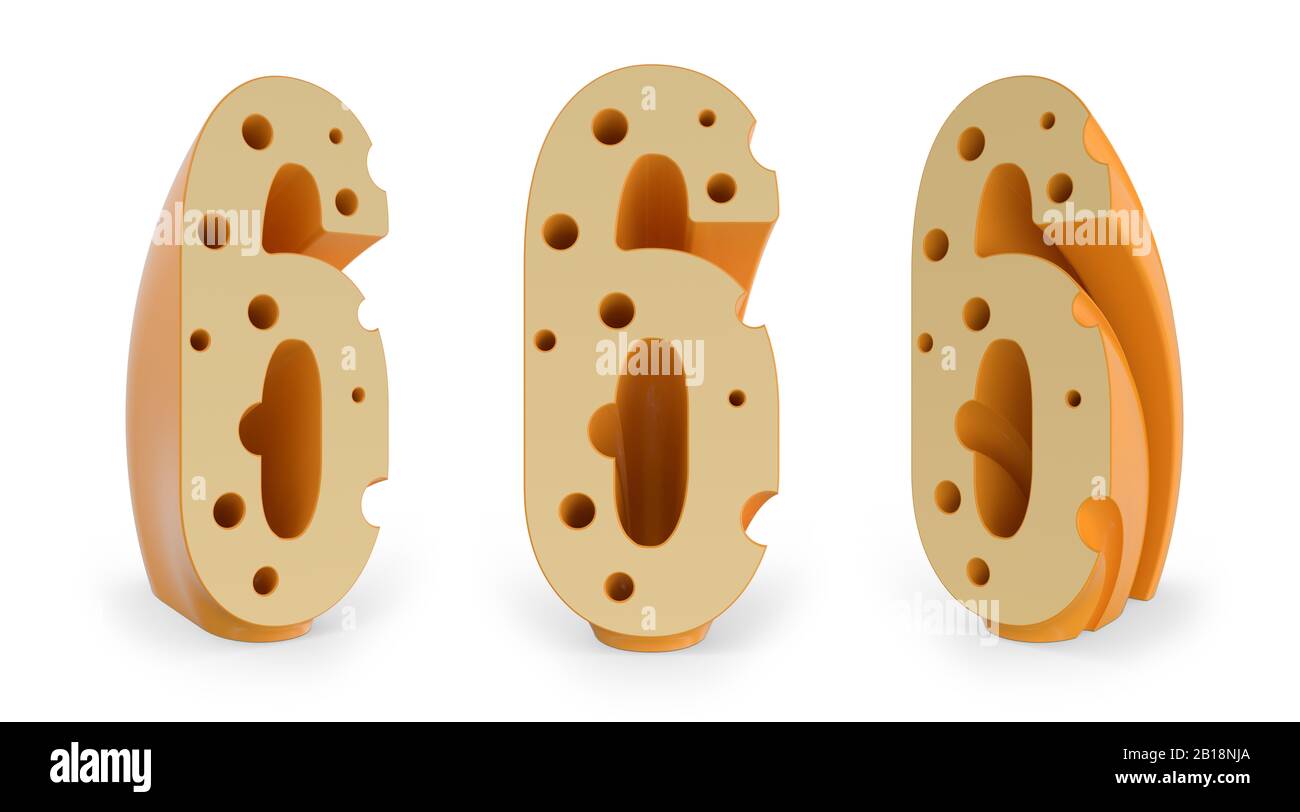 Number 6. Digital sign. Cheese alphabet and font. Set of three view ...