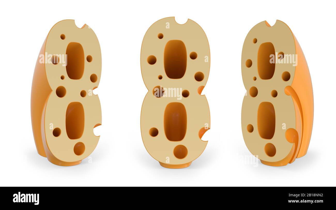 Number 8. Digital sign. Cheese alphabet and font. Set of three view ...