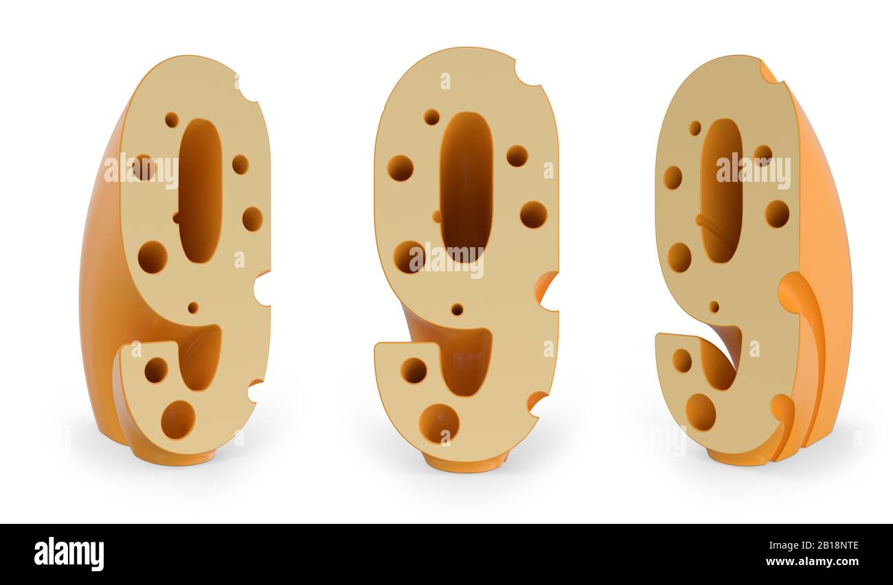 Number 9. Digital sign. Cheese alphabet and font. Set of three view ...