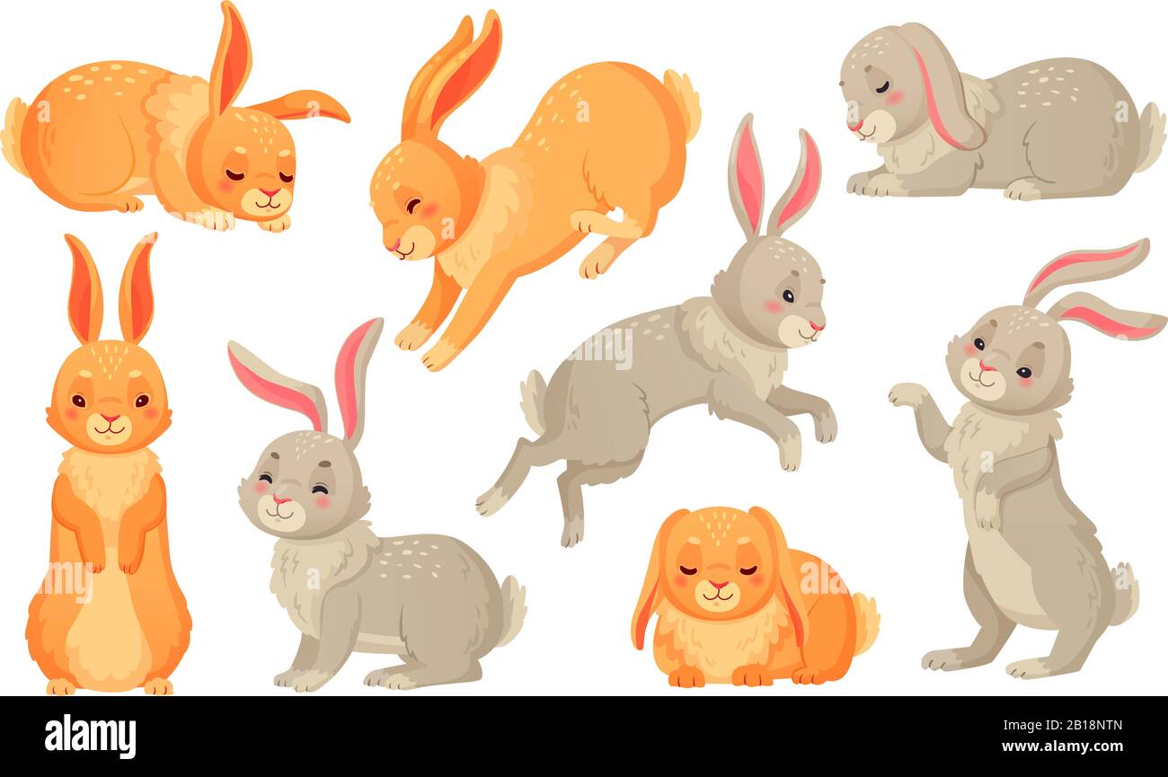 Cartoon bunny. Rabbits pets, easter bunnies and plush little spring ...