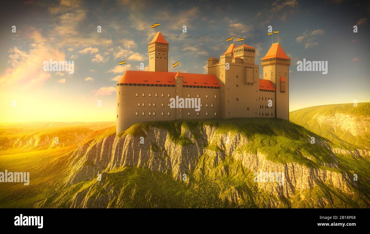 Castle on the rock by golden sunshine. Medieval sunshine with ancient ...