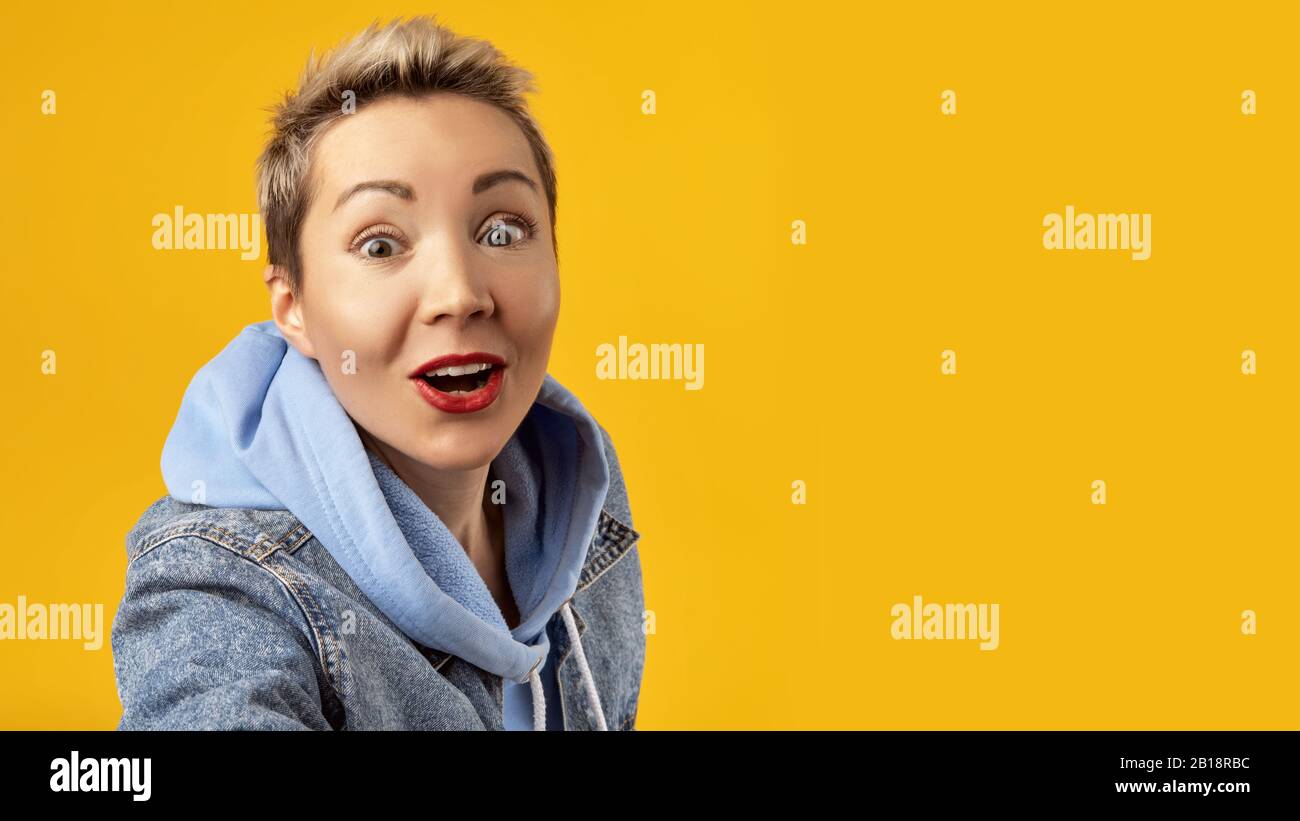 happy European girl with excessive energy close-up with a very happy ...
