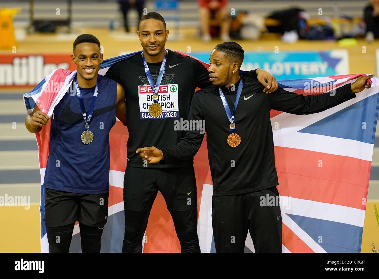 Glasgow, UK. 22nd Feb, 2020. Dan Bramble celebrates on the podium with ...