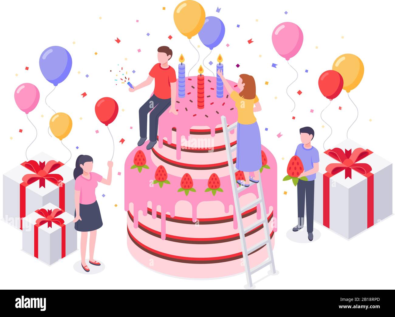 Isometric birthday cake. Party confetti, cakes present and birthdays ...