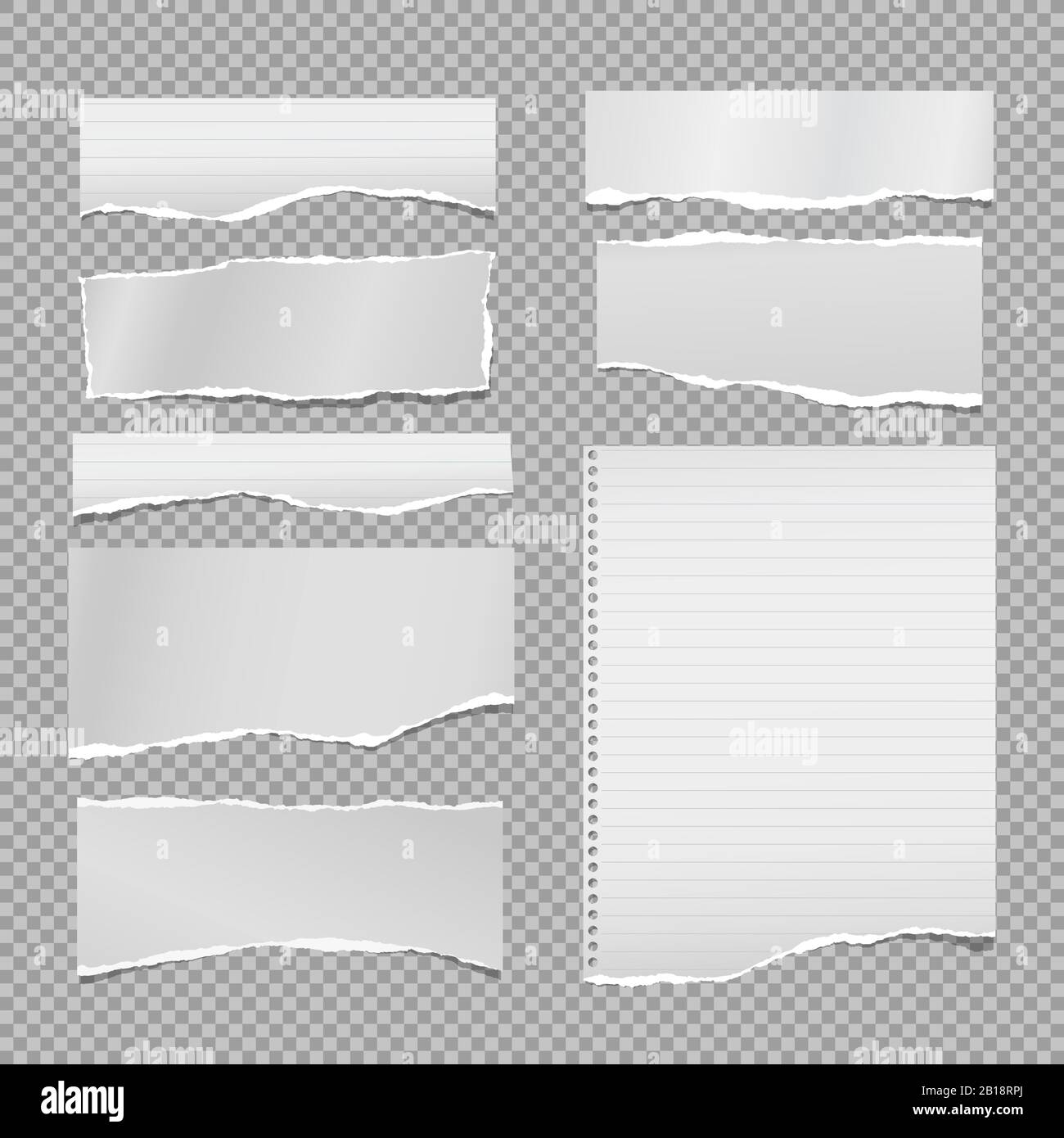 Torn white blank and lined note, notebook paper strips, pieces stuck on ...