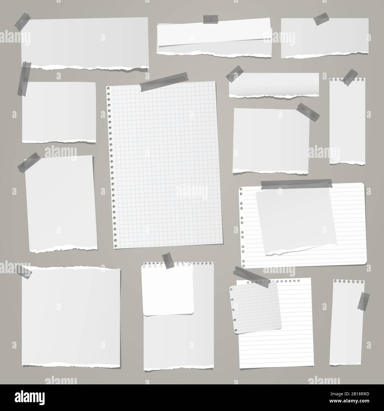 Torn white squared and lined note, notebook paper strips, pieces stuck ...