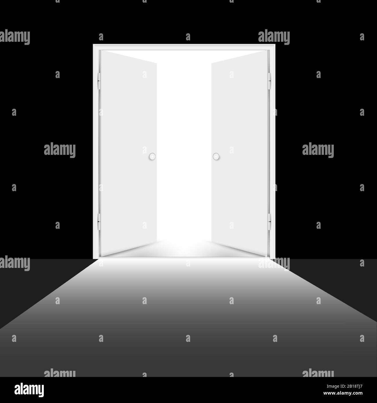 Open double door with light. White doors leading from darkness to light ...