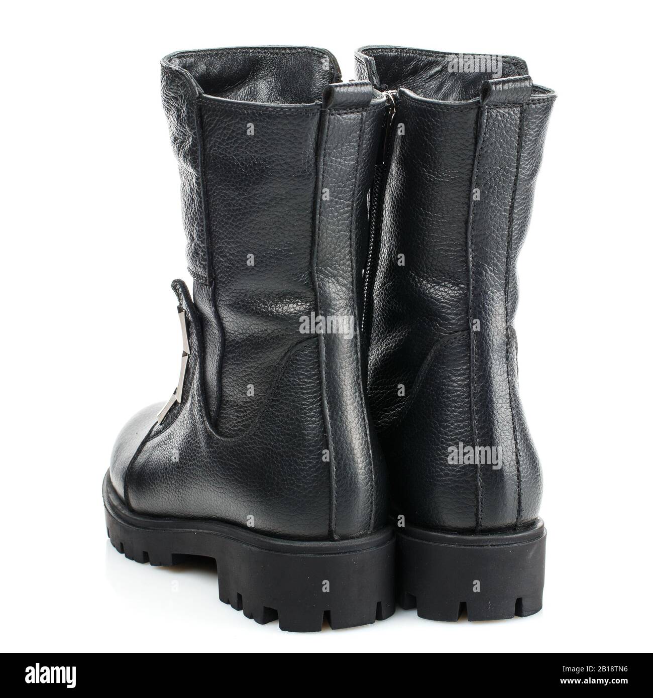 Black leather boots for girls isolated on white. Rear view Stock Photo ...