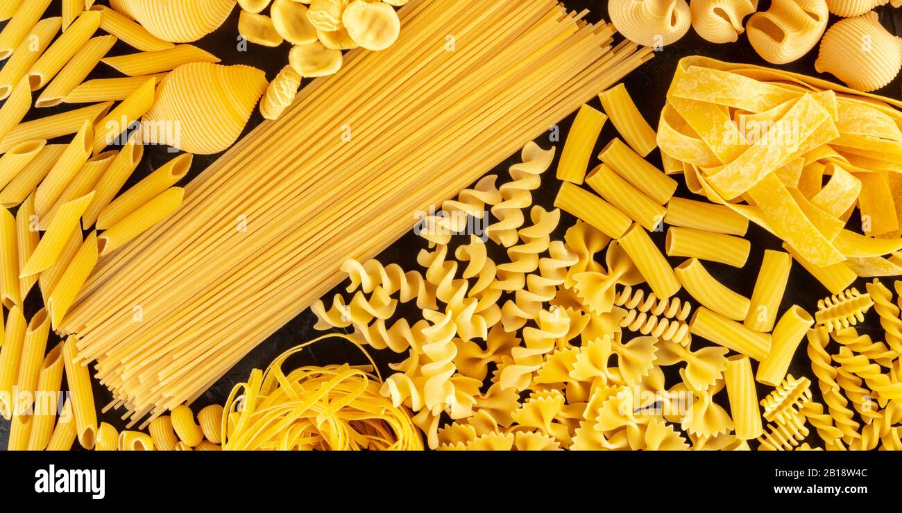 Italian pasta panorama, a flatlay of various pasta types, shot from the ...