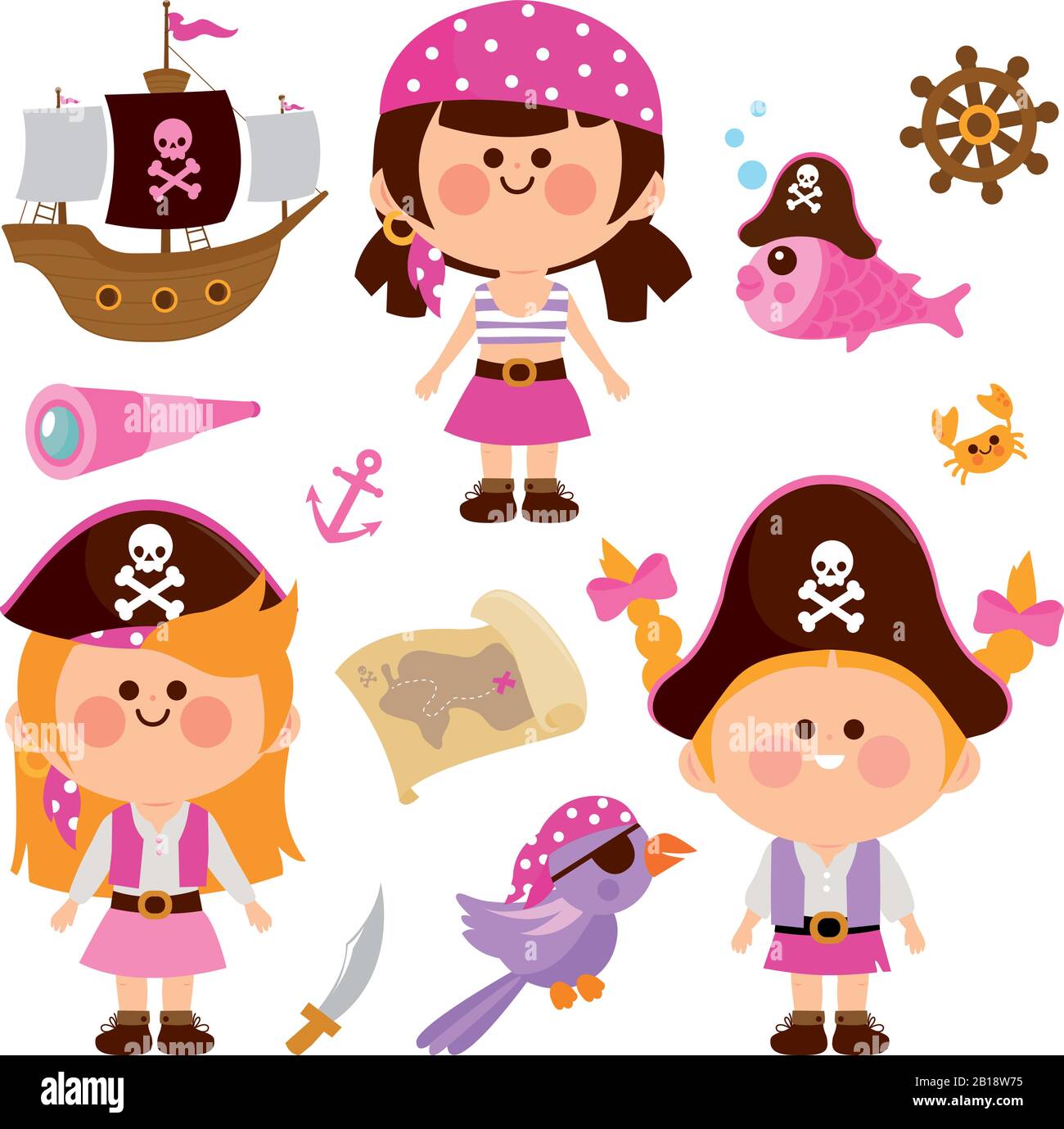 Pirate girls. Pirates in the sea, pirate ship, treasure map, parrot ...