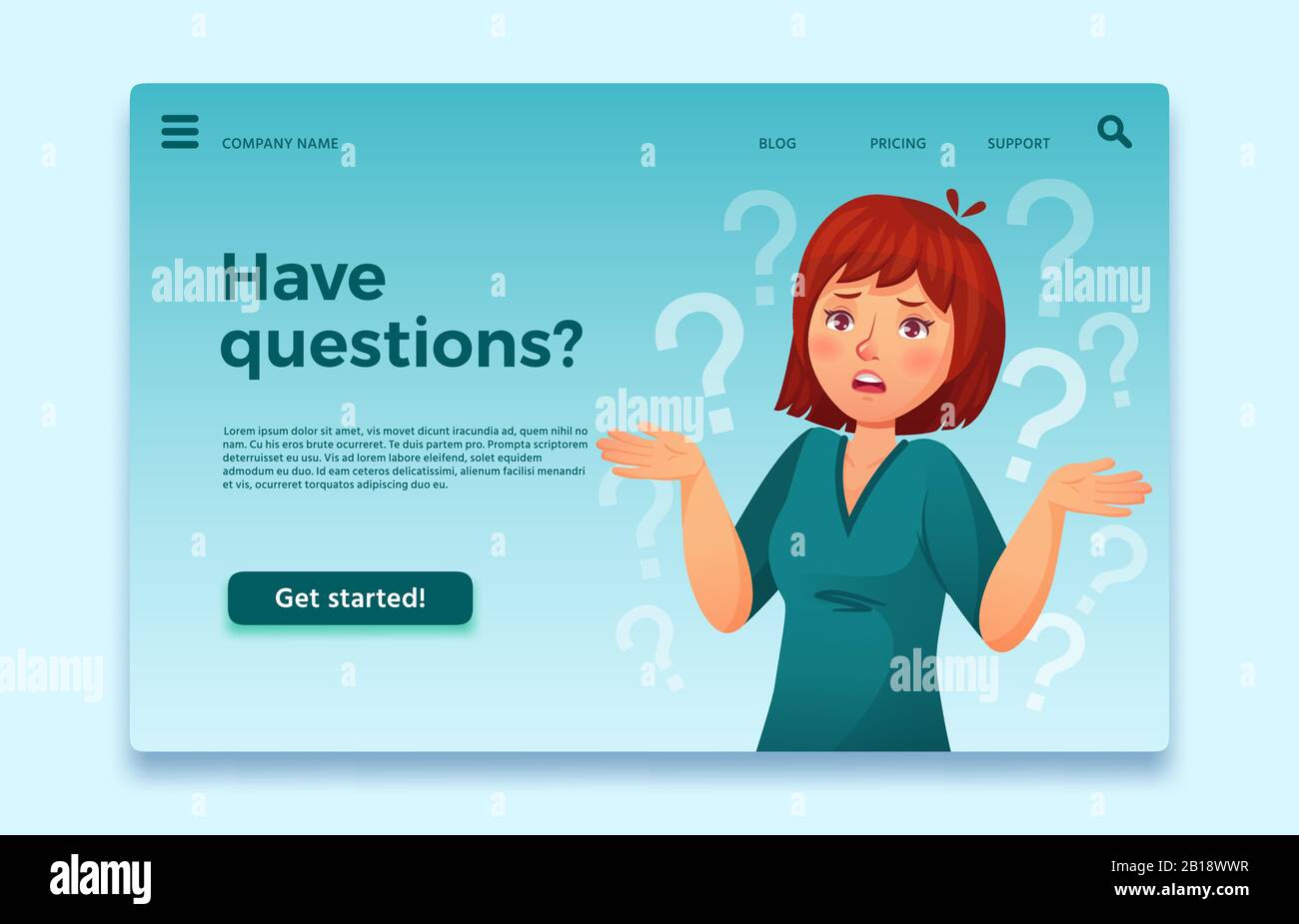 Woman have questions. Questioning female person, confused and thinking ...