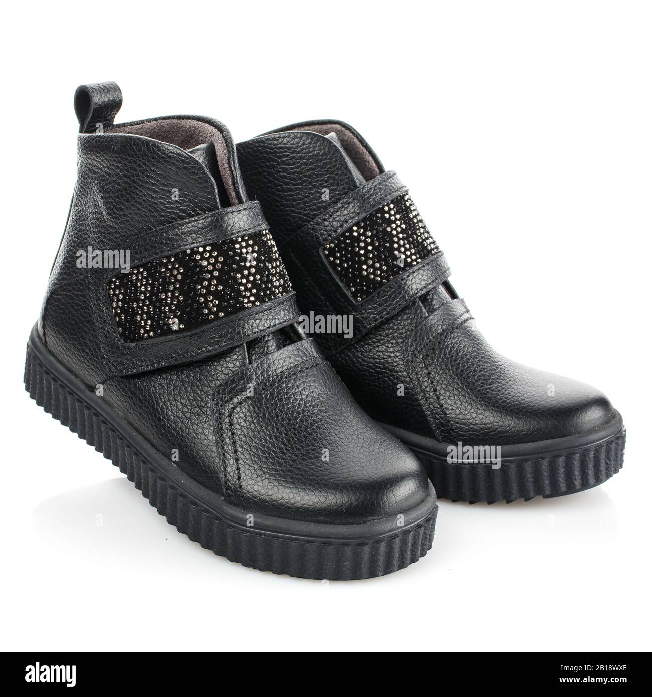 Black leather boots for girls isolated on white Stock Photo - Alamy