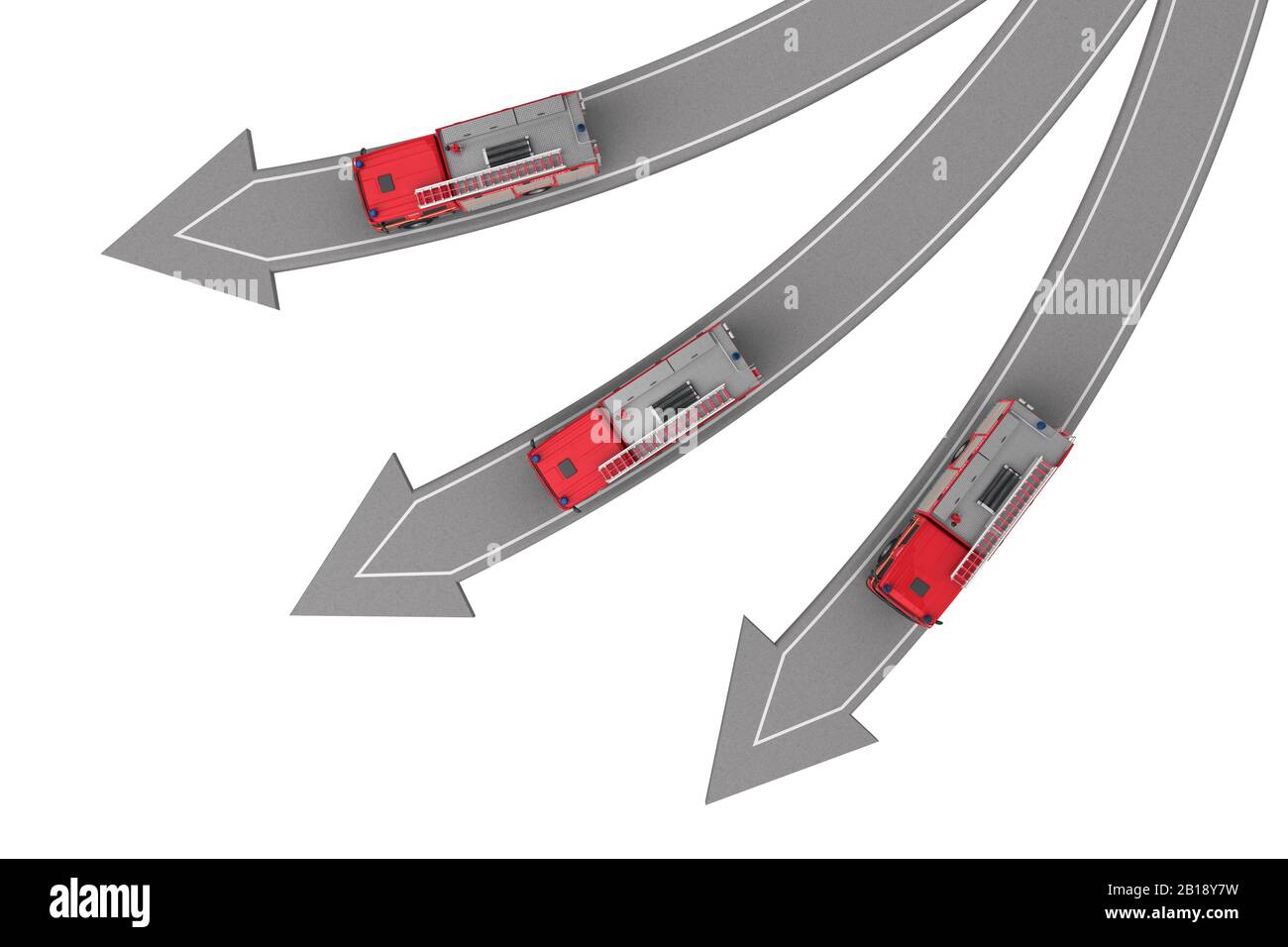 three fire engine go in different directions isolated on white top view ...
