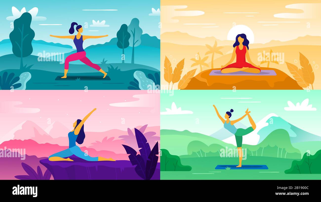 Yoga exercise on nature. Relax outdoors exercises, healthcare fitness ...