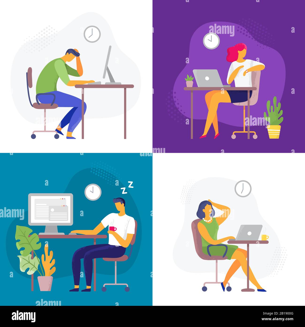 Working late. Overtime work, busy workaholic worker and employees with ...