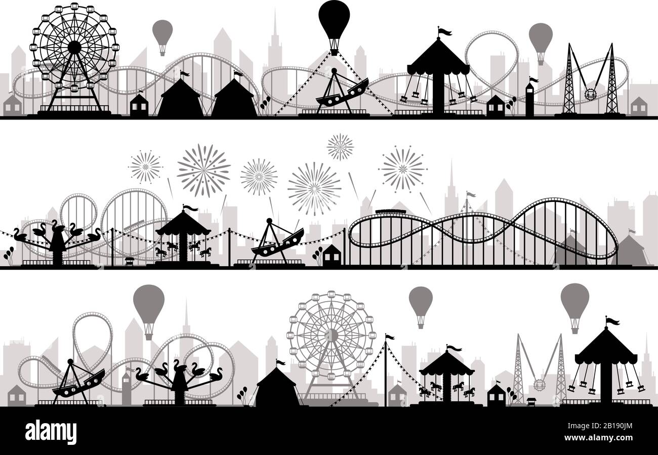 Amusement park landscape. Carnival roller coasters silhouettes, festive ...