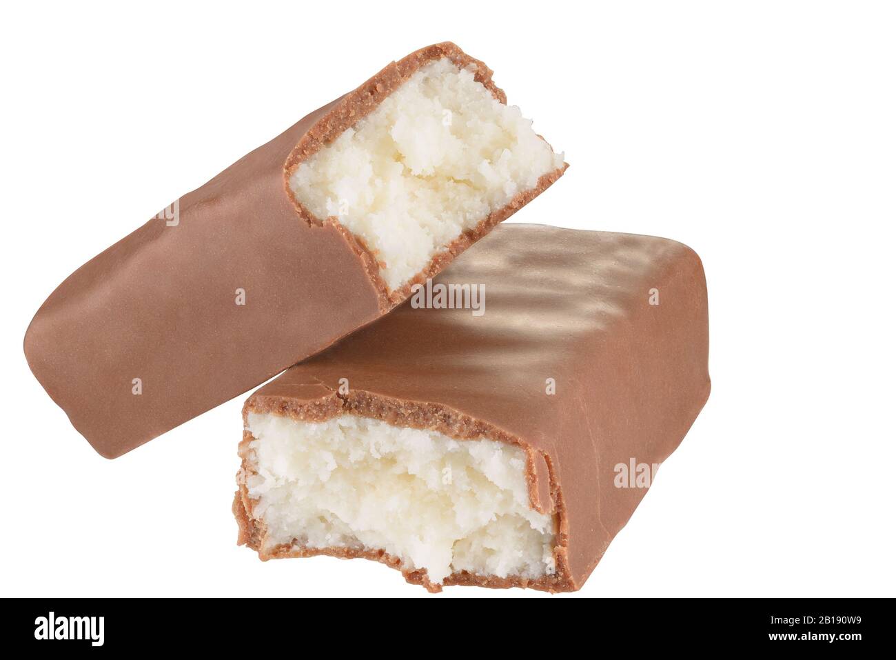 Chocolate bar with coconut filling. Isolated on a white background. Cut ...