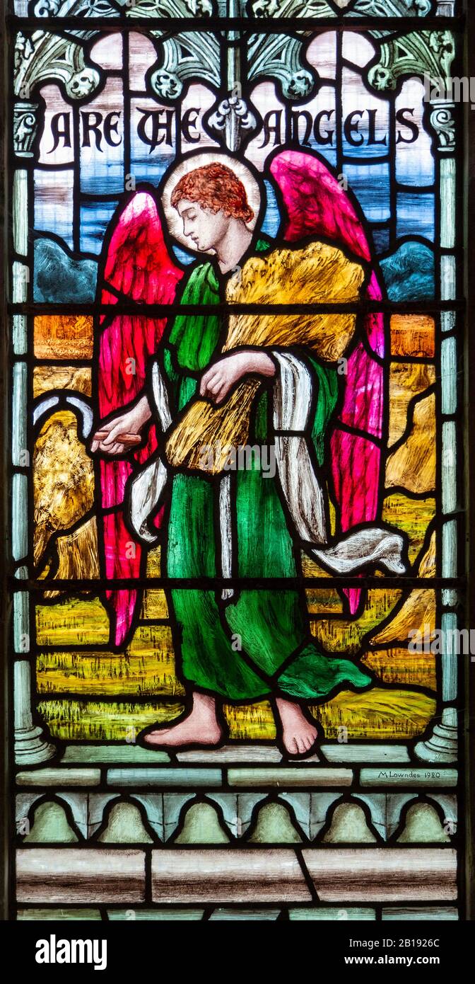 Stained glass east window by Mary Lowndes c 1920, detail of the angels ...