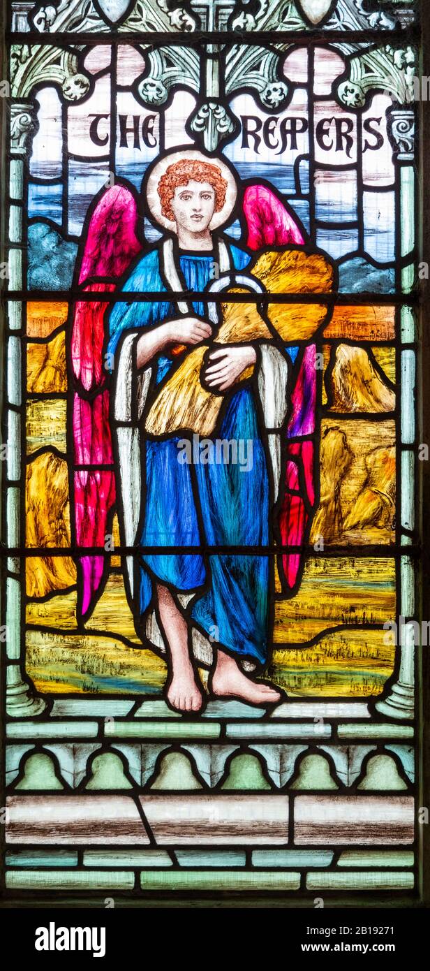 Stained glass east window by Mary Lowndes c 1920, detail of the Reapers ...