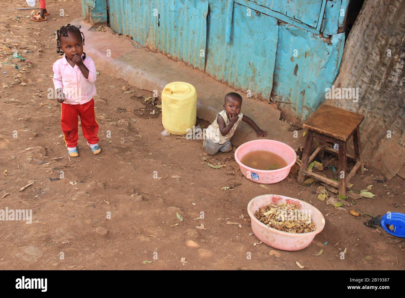 Kibera, Nairobi, Kenya - February 13, 2015: Children play in the slums ...