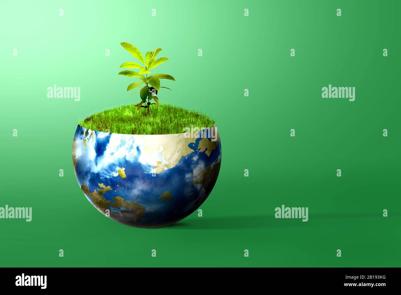 Earth with growing plants above it on the green background. Earth day ...