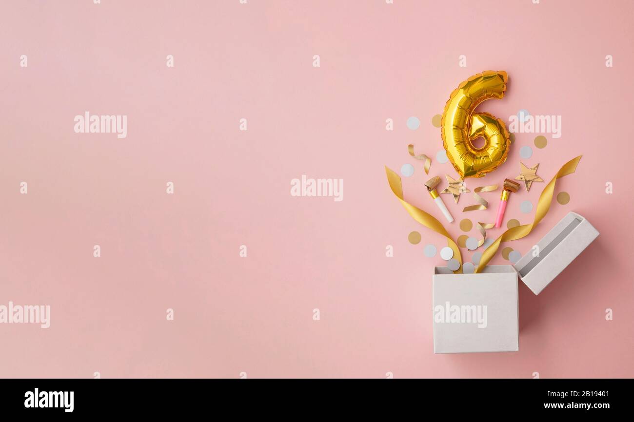 Number 6 birthday balloon celebration gift box lay flat explosion Stock ...
