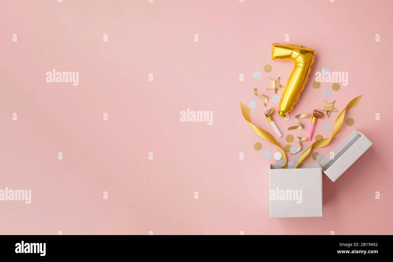 Number 7 birthday balloon celebration gift box lay flat explosion Stock ...