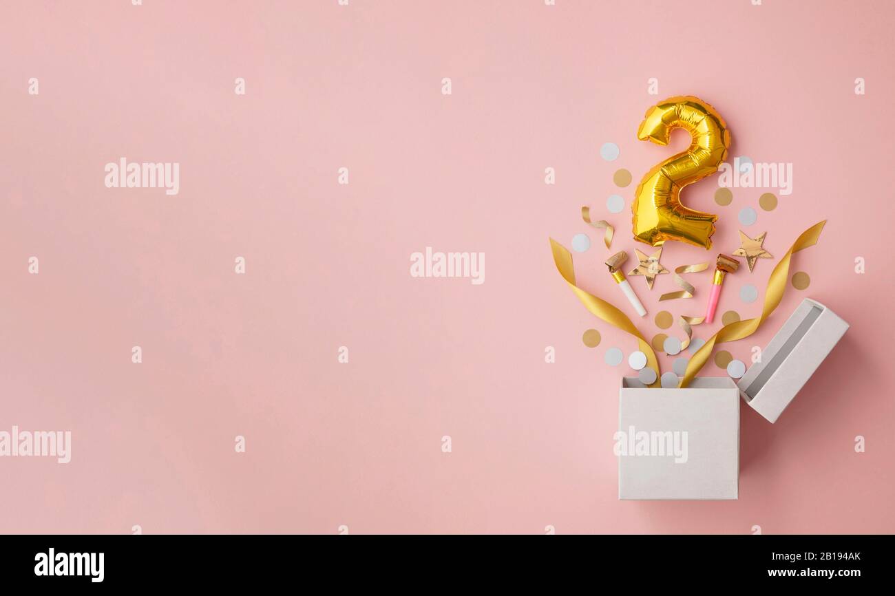 Number 2 birthday balloon celebration gift box lay flat explosion Stock ...