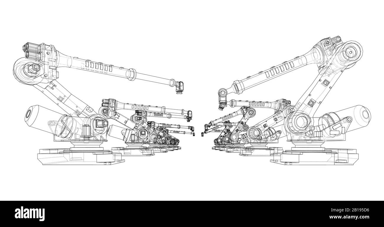 A industral robots manipulators. Blueprint style. Vector rendering from ...