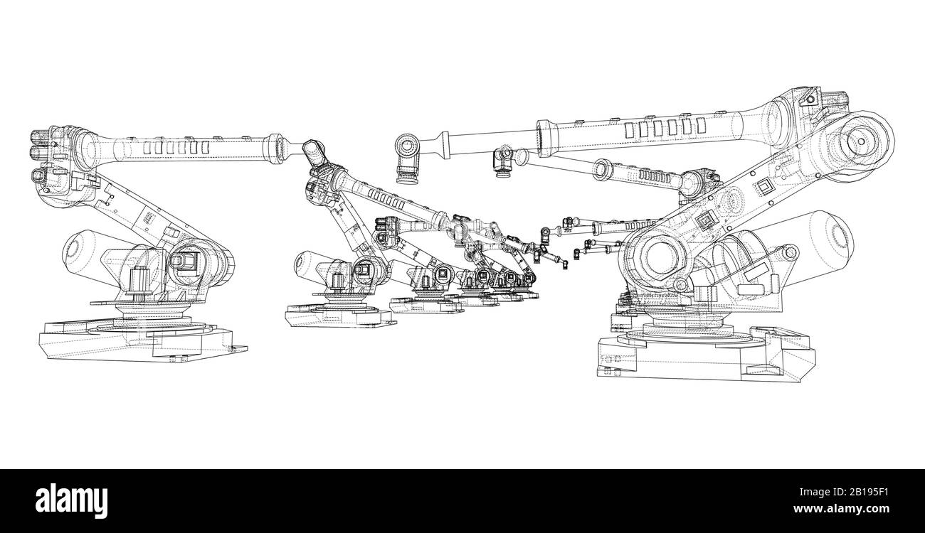 A industral robots manipulators. Blueprint style. Vector rendering from ...