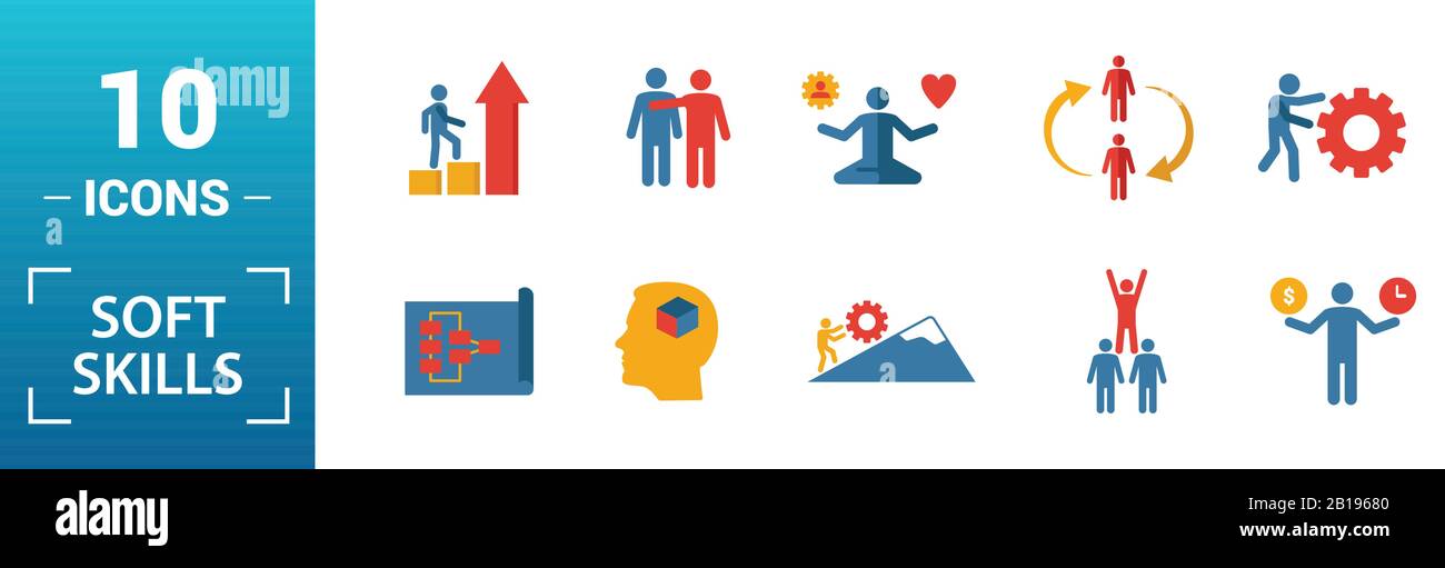 Soft Skills icon set. Include creative elements team spirit, personality, self-promotion ...