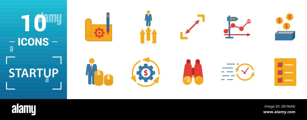 Startup icon set. Include creative elements goal, business plan, prototype, business incubator ...