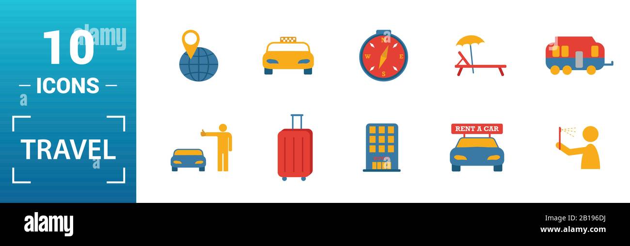 Travel icon set. Include creative elements compass, aircraft, taxi ...