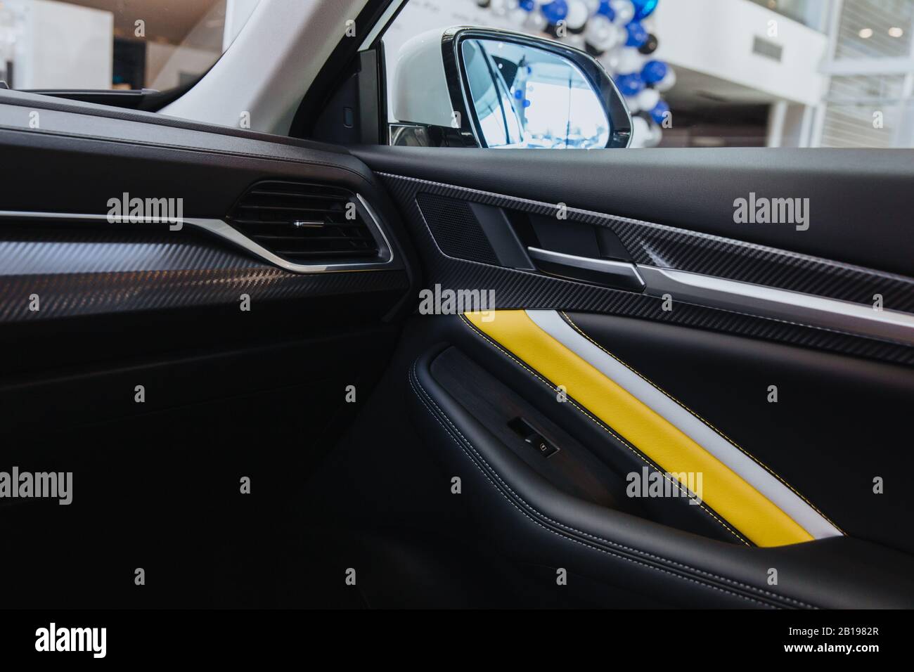 Interior of modern car. Car inside: side door buttons: window ...