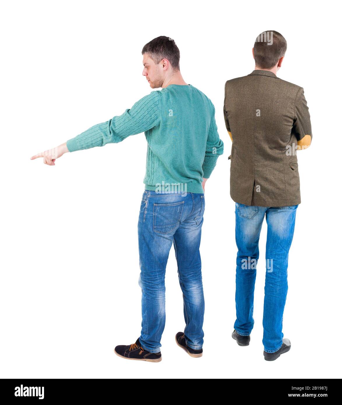 Back view of two man in sweater pointing. Rear view people collection ...