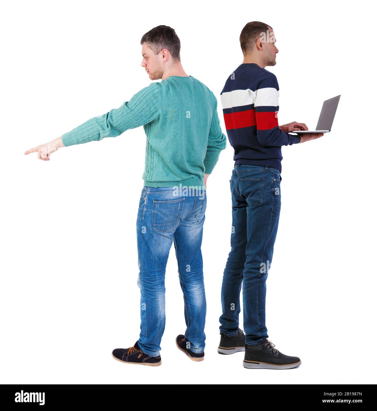 Back view of two man in sweater pointing. Rear view people collection ...