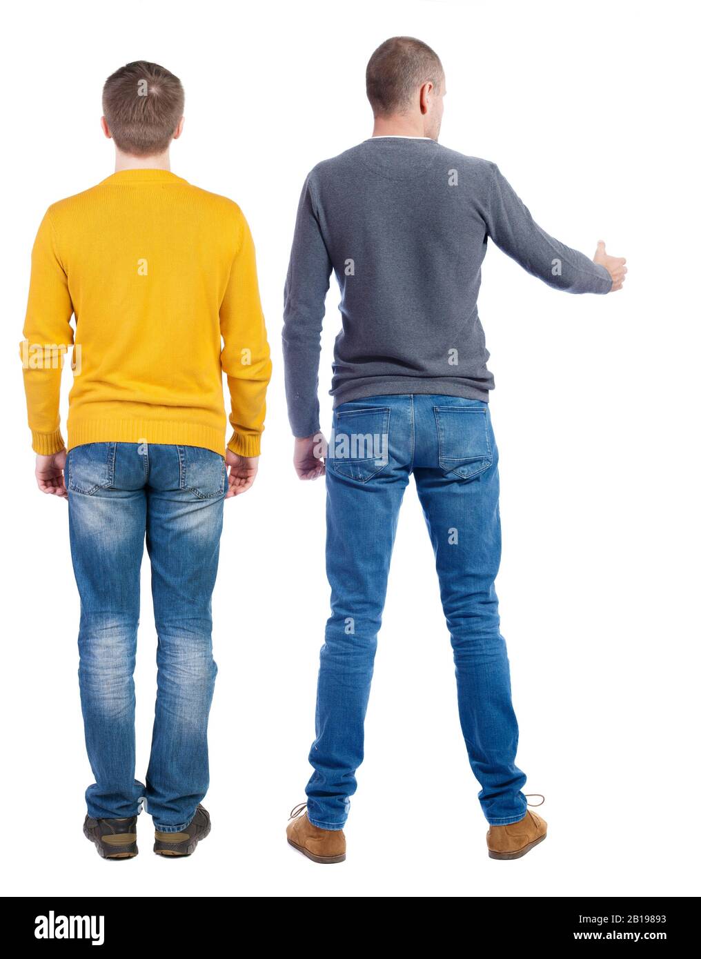 Back view two man in sweater. Rear view people collection. backside ...