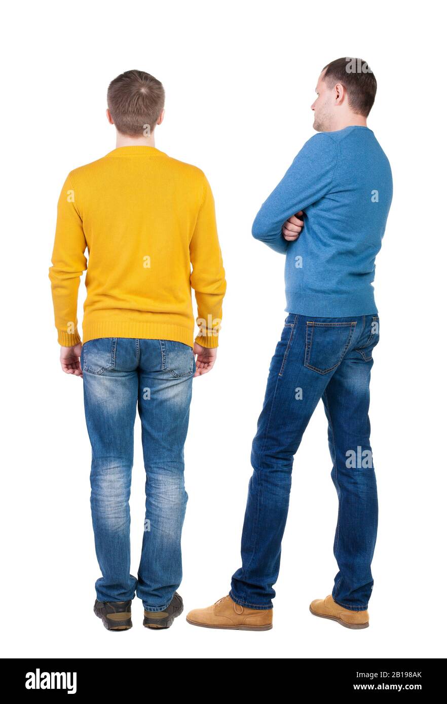 Back view two man in sweater. Rear view people collection. backside ...