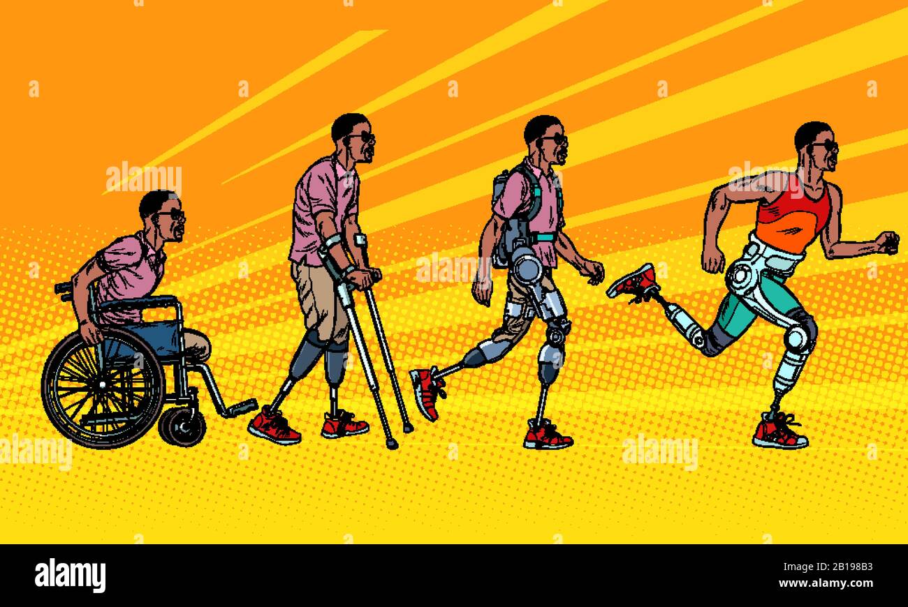 Evolution of rehabilitation. african man leg prosthesis Stock Vector ...