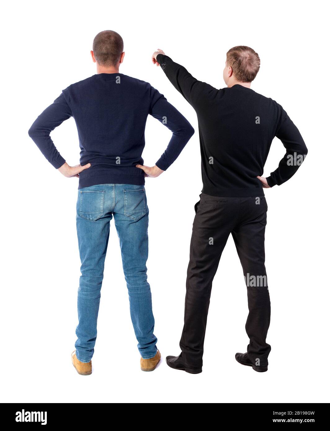 Back view of two man in sweater pointing. Rear view people collection ...