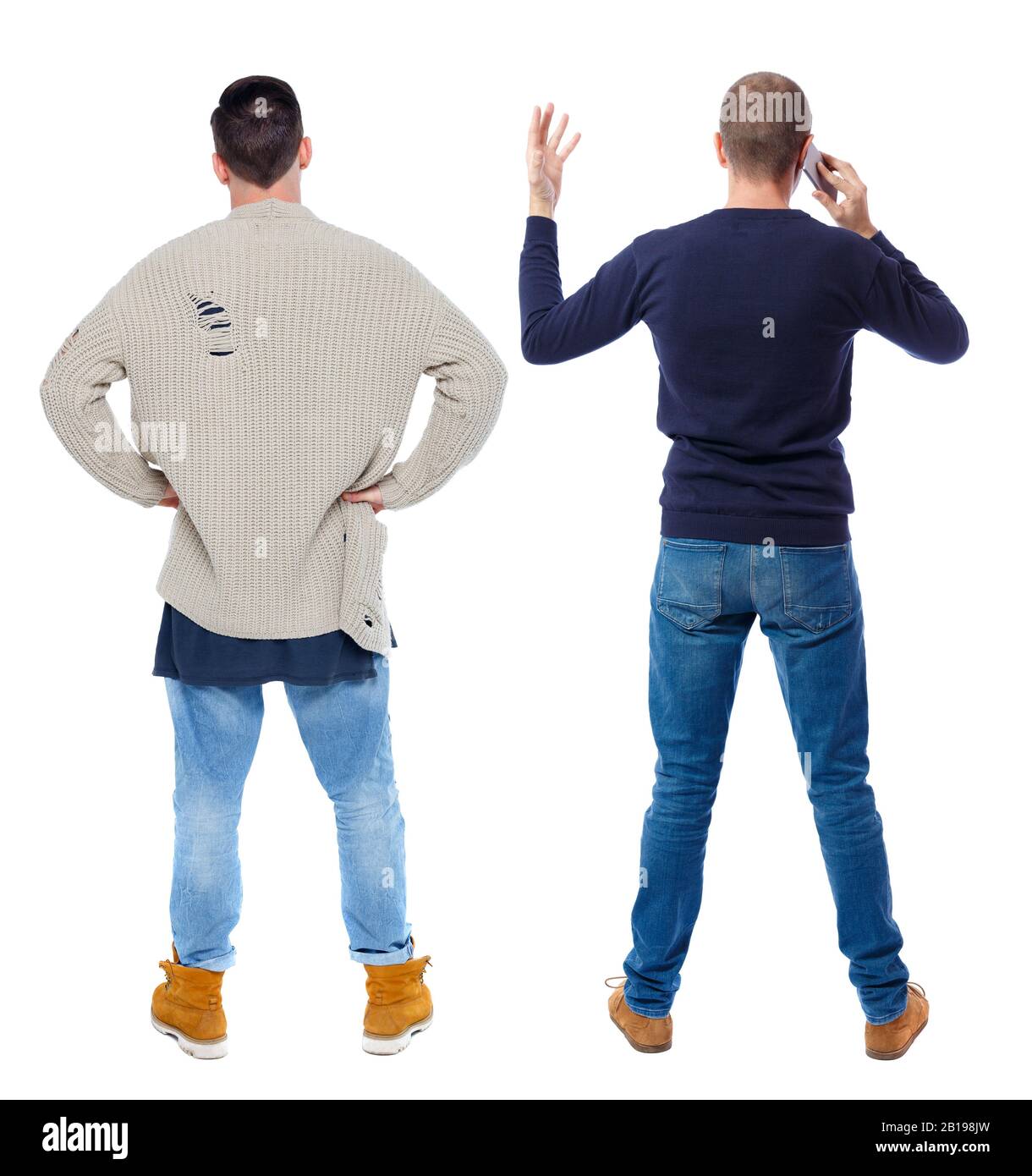 Back view of two man in sweater with mobile phone. Rear view people ...
