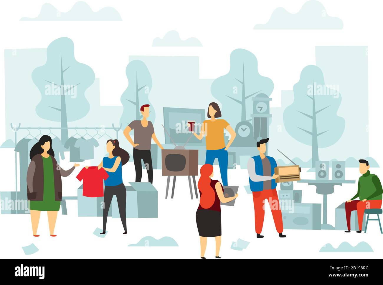 Flea market shopping. Fleas bazaar, people selling fashion clothes and ...